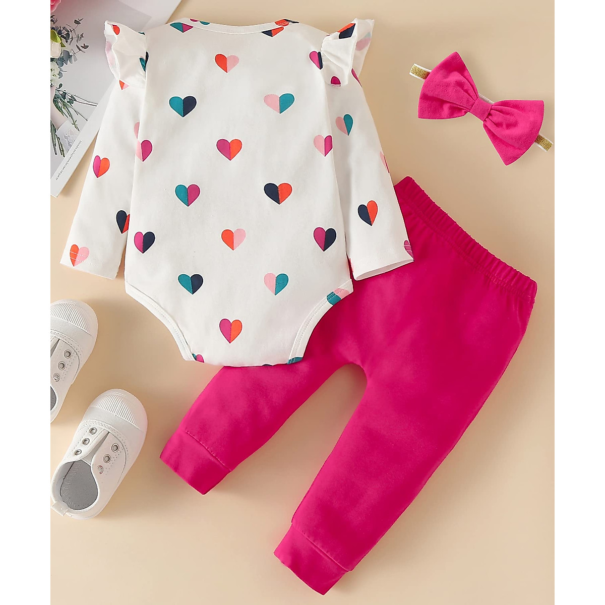Fullfamous Baby Girl Clothes Gifts Outfits,Fall Winter Long Sleeve Romper and Pant Set Raspberry Heart 6-12 months
