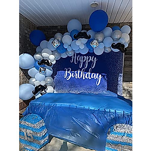 Royal Blue Happy Birthday Backdrop Adults Mans Boys Bday Party Banner Silver Glitter Spots Photography Background Table Wall Decorations Photo Shoot Booth Studio Props