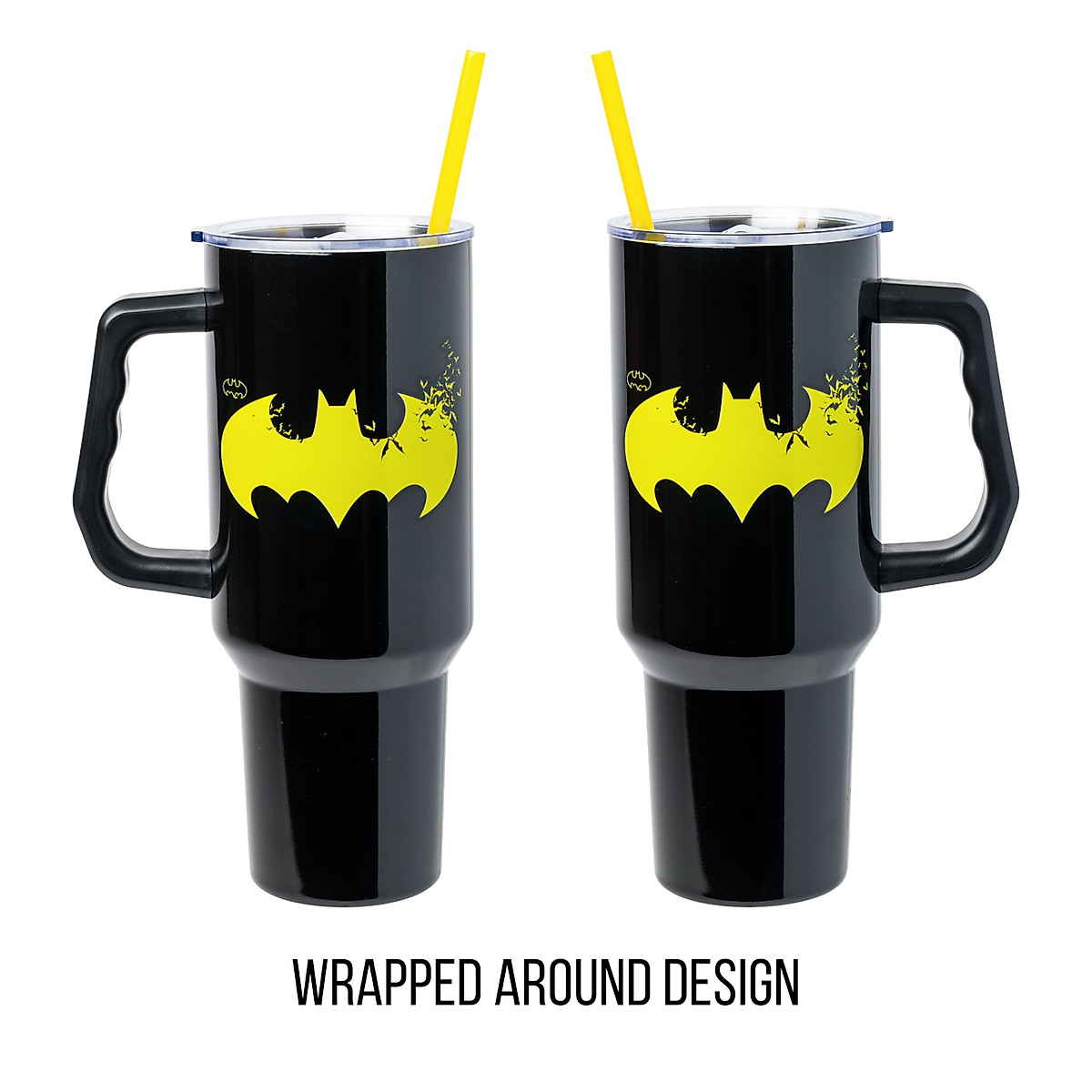 Silver Buffalo DC Comics Batman Logo Stainless Steel Tumbler with Handle and Straw, Fits in Standard Cup Holder, 40 Ounces