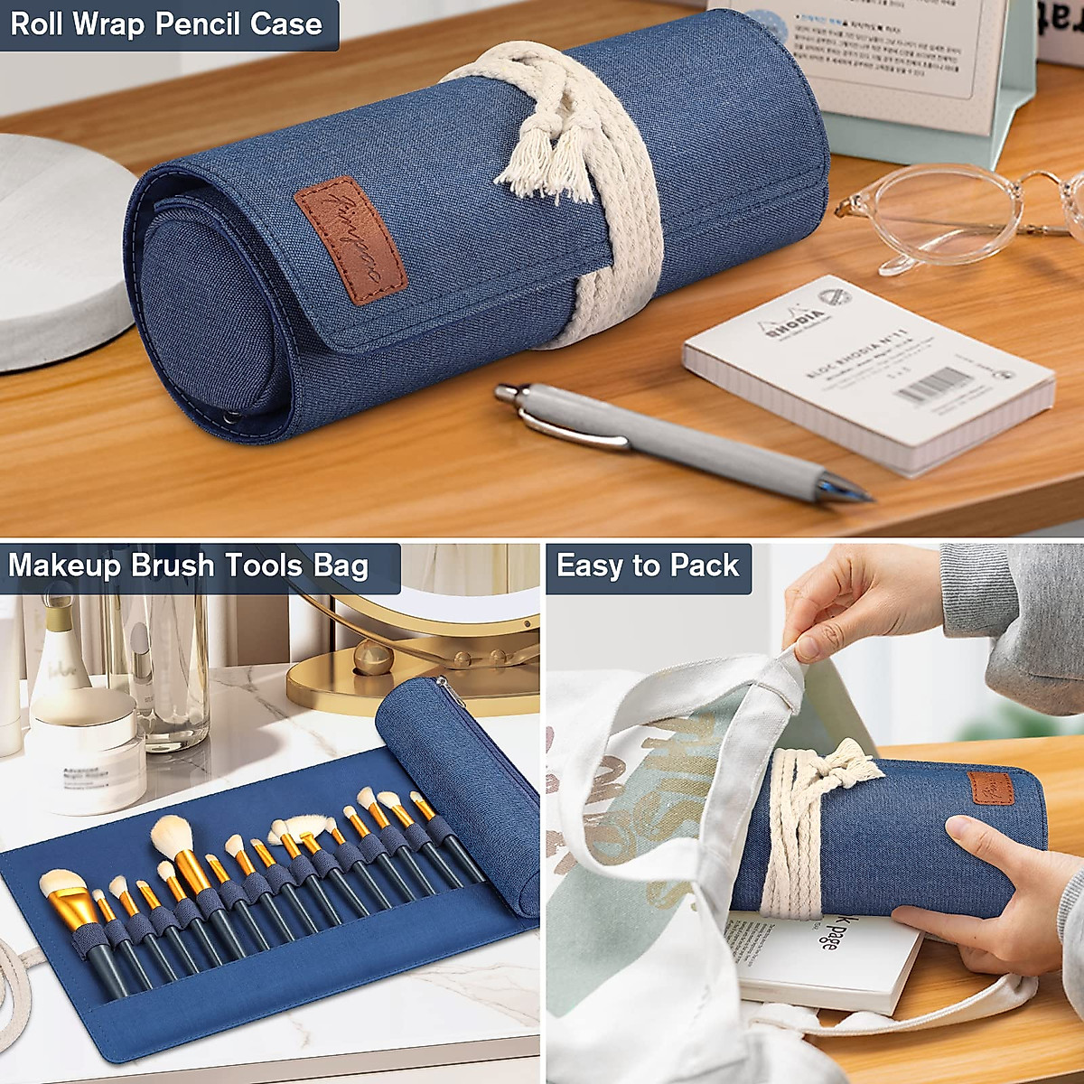 FINPAC Pencil Case, Large Capacity Roll-Up Pencil Pouch Wraps, Pen Pouch Stationery Storage Organizer, Office Stationery Supply, Navy