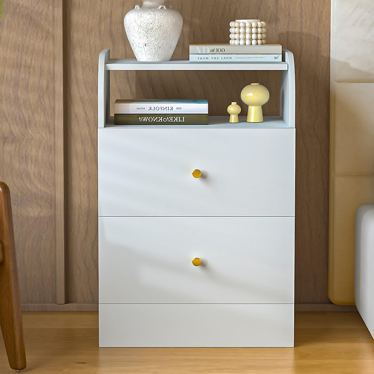 Aenuert Nightstand with Two Drawers White Bedside Table Chest of Drawers with Opening Storage Rack,3 Tiers Modern Night Table for Bedroom Small Spaces Storage Furniture