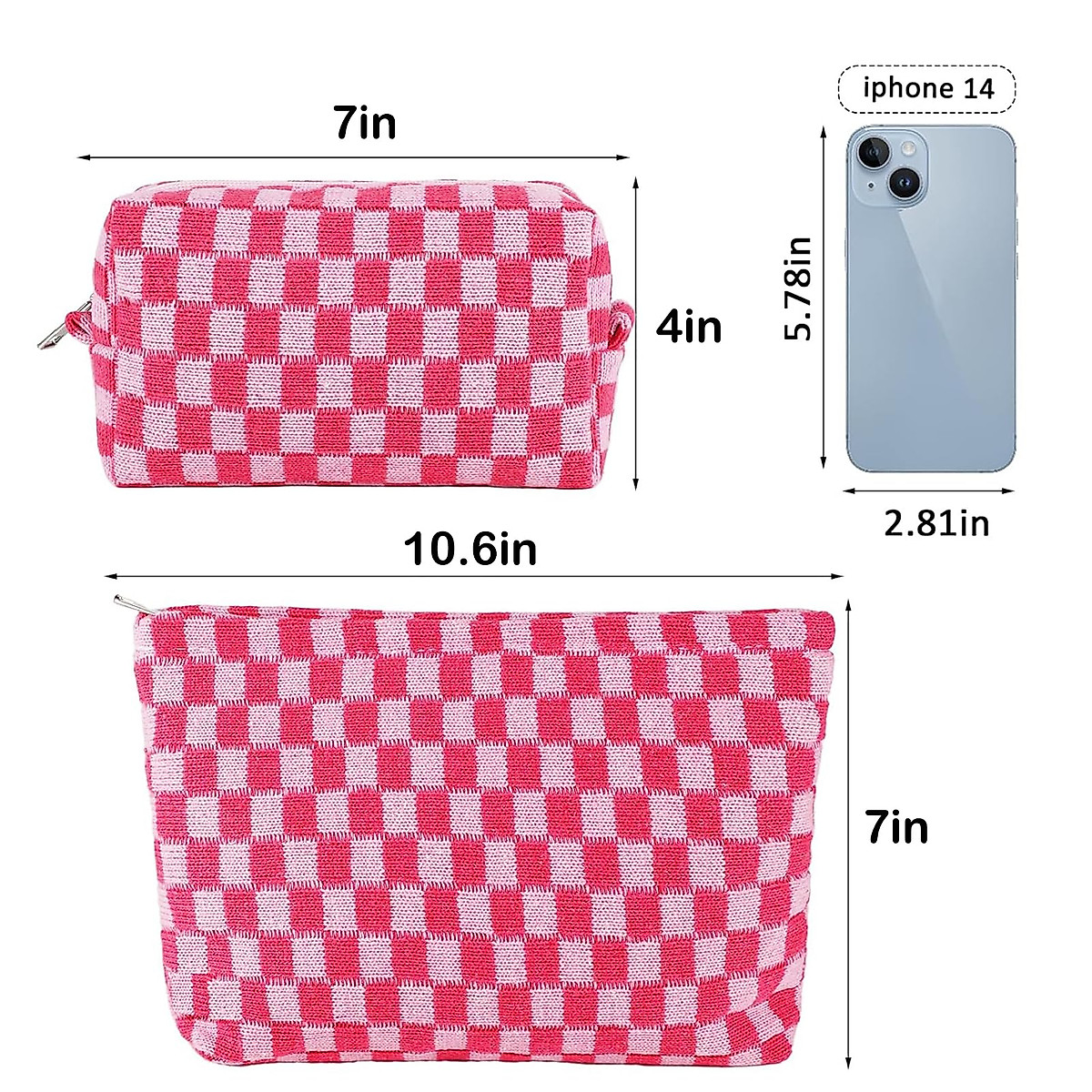 ZLFSRQ 2Pcs Checkered Makeup Bag for Women Large Cosmetic Bag Set Travel Toiletry Bag Makeup Pouch Bag for Purse Pink Zipper Storage Bag Organizer Cute Small Aesthetic Girls Car Essentials Bag