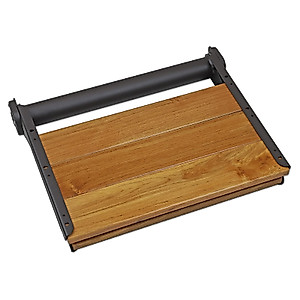 Home Aesthetics 18" ADA Compliant Wall-Mounted Folding Serena Teak Wood Shower Bench Seat with Matte Black Frame, Clear Coated for Extra Protection