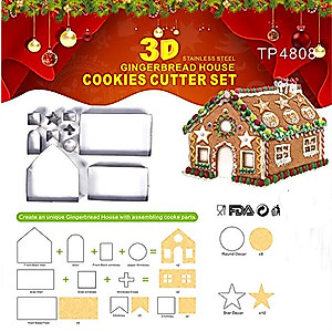 3D Christmas House Cookie Cutter Set, Gingerbread House Cutters Kit, Festive Xmas Stainless Steel Biscuit Cutter Set, Including Christmas Tree, Snowman, Reindeer, Sled Shapes, Gift Box Package(18pcs)
