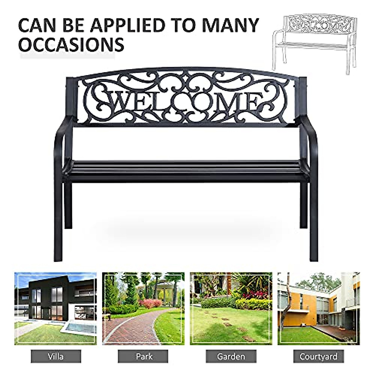 Outsunny 50" 2-Person Garden Bench Loveseat with Cast Iron Decorative Welcome Vines, Outdoor Patio Bench for Backyard, Porch, Entryway