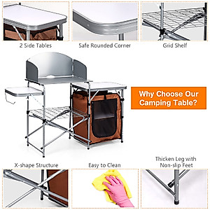 Giantex Folding Grill Table with 26'' Tabletop and Detachable Windscreen, Aluminum Portable Camp Cook Station Carry Bag Quick Set-up, BBQ Camping Picnic Backyard Outdoor Camping Kitchen Table (Brown)