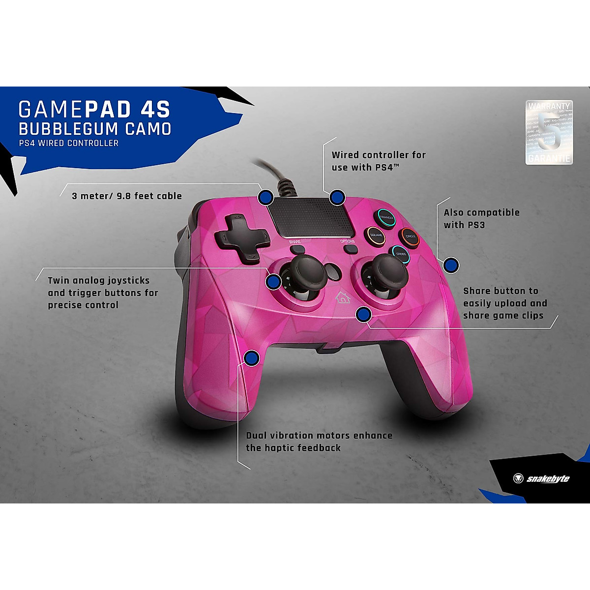snakebyte GamePad S Wired (Bubblegum Camo) - compatible with PS4