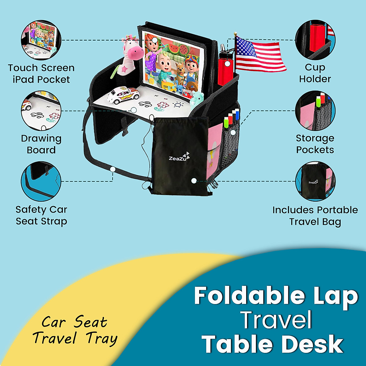 Kids Travel Tray with Bag - Toddler Car Seat Tray, Foldable Lap Travel Table Desk with iPad Holder, Drawing Board, Storage Pocket Organizer for Child Road Trip, Car Stroller, Airplane - Pink