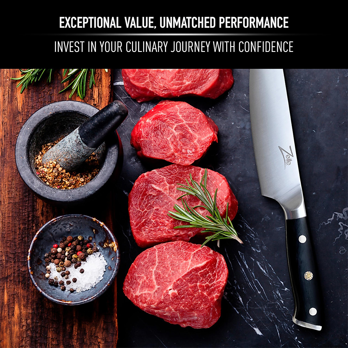 Zelite Infinity 8 Inch Chef Knife with Sheath - German High Carbon Stainless Steel Chef's Knife for Kitchen; Razor Sharp Cutting Knife with Paccawood Handle - Comes in Luxurious Gift Box