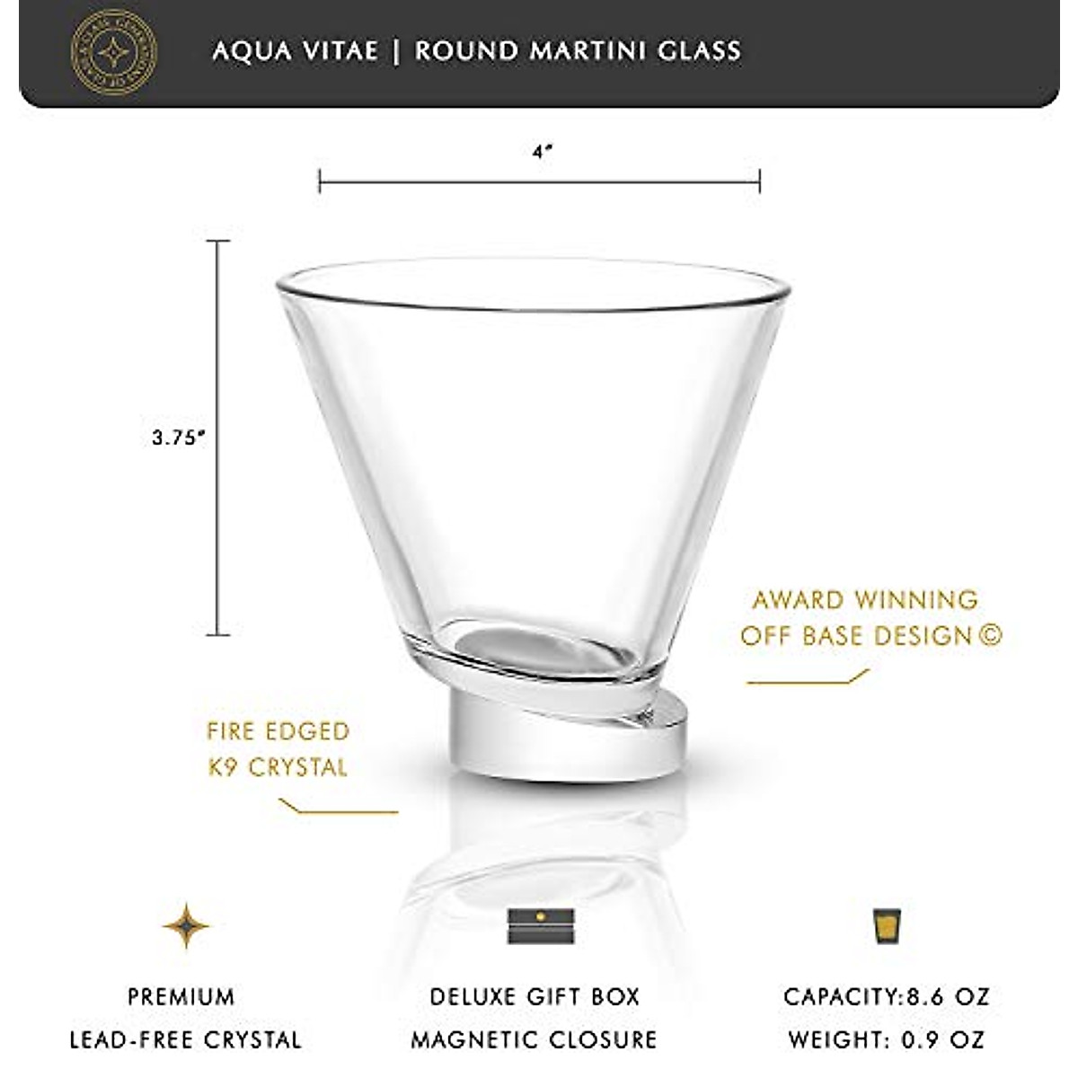 JoyJolt Aqua Vitae Martini Glass Set of 2. Crystal Glassware, Round Drinking Glasses with Off Set Base. Stemless Cocktail Glasses and Dessert Glasses. Unique Christmas Gifts