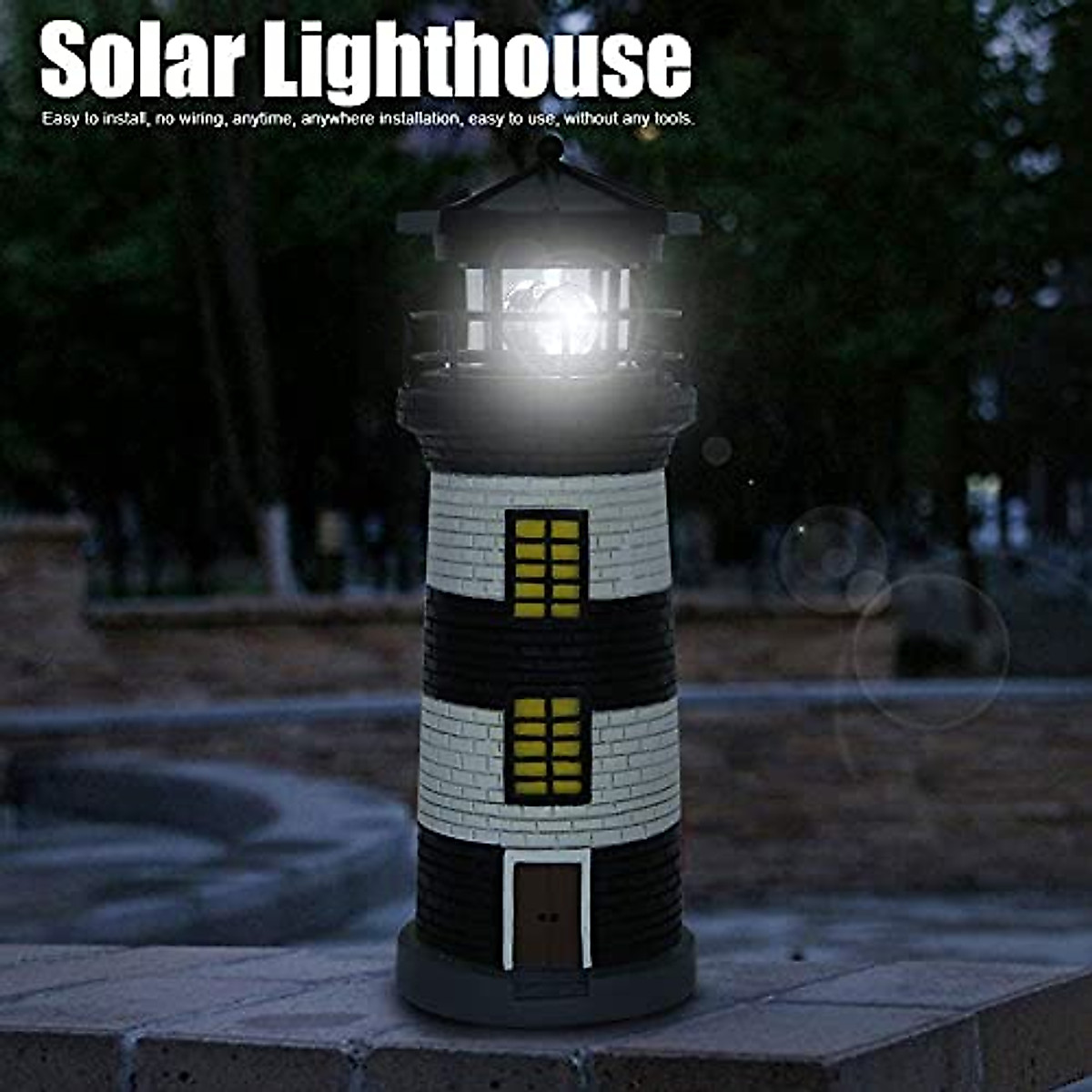 LED Solar Power Lighthouse Statue Outdoor Decor Rotating Outdoor Light Garden Yard Lawn Craft Ornament(Black+White)