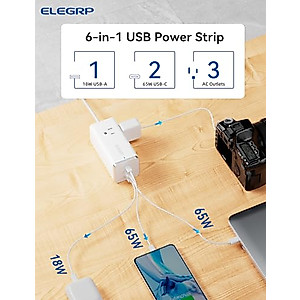 ELEGRP Travel Power Strip with 65W USB C, 3 Outlets 3 USB(2 USB-C), 5ft Extension Cord with 3 Widely Spaced Outlets, 65W USB C Fast Charging Compatible with MacBook, Travel Hotel Cruise Essentials