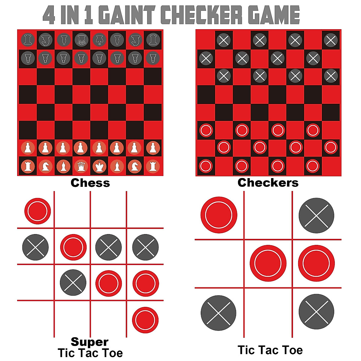 Lulu Home 4-in-1 Jumbo Chess Board Game, 4FT x 4FT Giant Tic Tac Toe Chess Checkers Game Mat & Pieces Portable with Bag, Classic Checkers Rug Game for Indoor Outdoor Family Fun