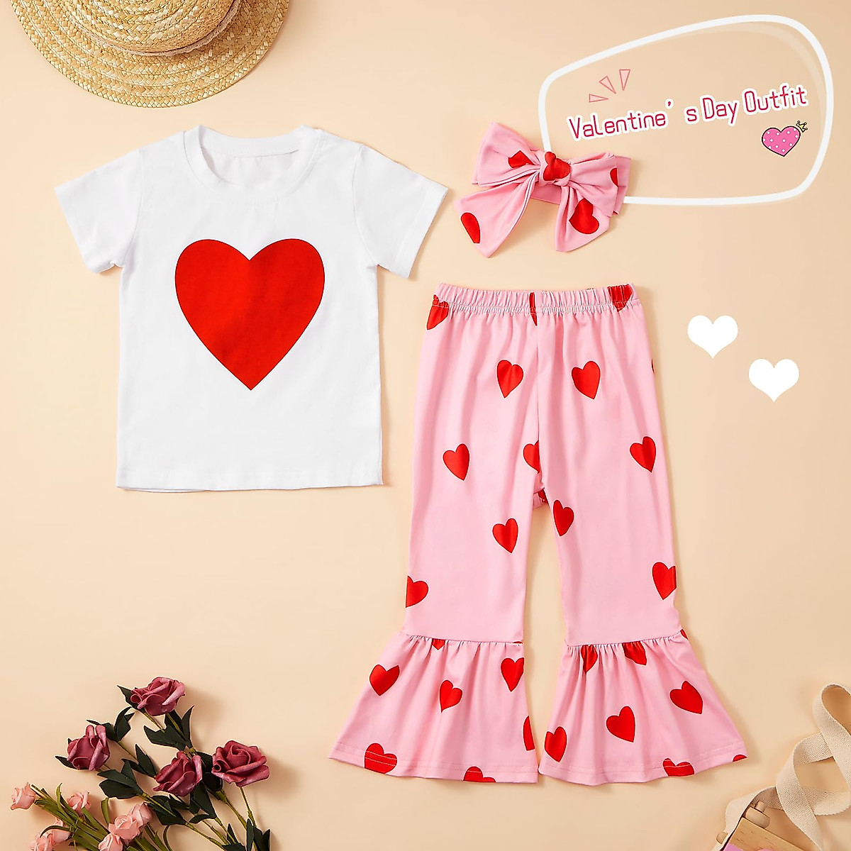 SYNPOS Baby Girls Outfits Valentine's Unique Love Heart T-Shirt Long Pants Set Adorable Gifts for Girls Little Kids 3-4 Years