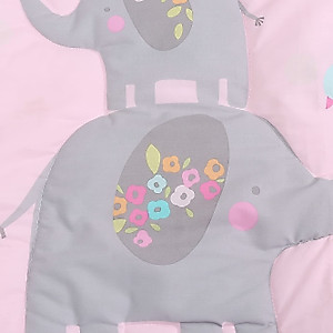 Sweet baba Luxury 4 Piece Elephant Crib Bedding Set,Pink Crib Set for Baby Girls(Brids/Flowers),Microfiber Printed Nursery Bedding Set with Comforter/Skirt/Crib Sheet/Blanket