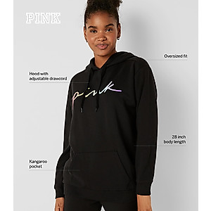 Victoria's Secret Women's PINK Logo Campus Hoodie Sweatshirt, Black Multi, (XL)