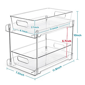 Vtopmart 2 Tier Bathroom Storage Organizer, 2 Pack Clear Under Sink Organizers Vanity Counter Storage Container, Medicine Cabinet Drawers Bins, Pull-Out Organization with Track for Pantry, Kitchen