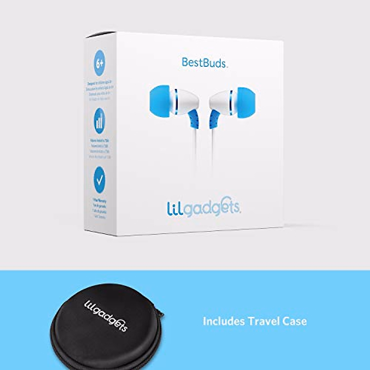 LilGadgets BestBuds Kids Earbuds for School - Safe & Comfortable, Volume Limited, Wired in-Ear Kids Ear Buds with an in-Line Microphone, Travel Case, and Splitter - Blue