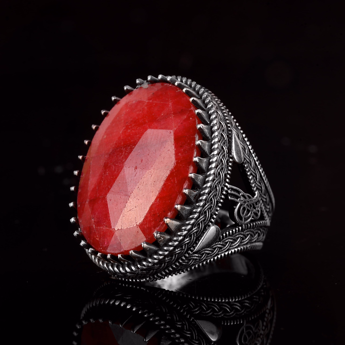 Genuine Real Natural Ruby Gemstone Ring, 28.65 Carat, Ottoman Seal Ring, Signet Ring, Sterling Silver Ring, red