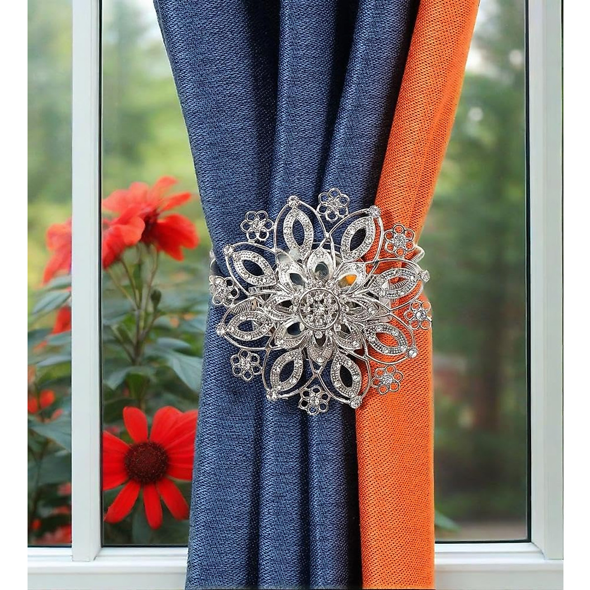 SUQ I OME Luxury Big Crystal Magnetic Curtain Tieback Flower Curtain Clips Buckle with Stretchy Wire Rope for Home Office Decoration(Silver D,2PCS)