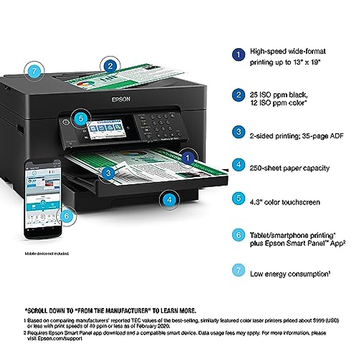 Epson Workforce Pro WF-7820 Wireless All-in-One Wide-Format Printer with Auto 2-Sided Print up to 13" x 19", Copy, Scan and Fax, 50-Page ADF, 250-sheet Paper Capacity, and 4.3" Touchscreen (Renewed)