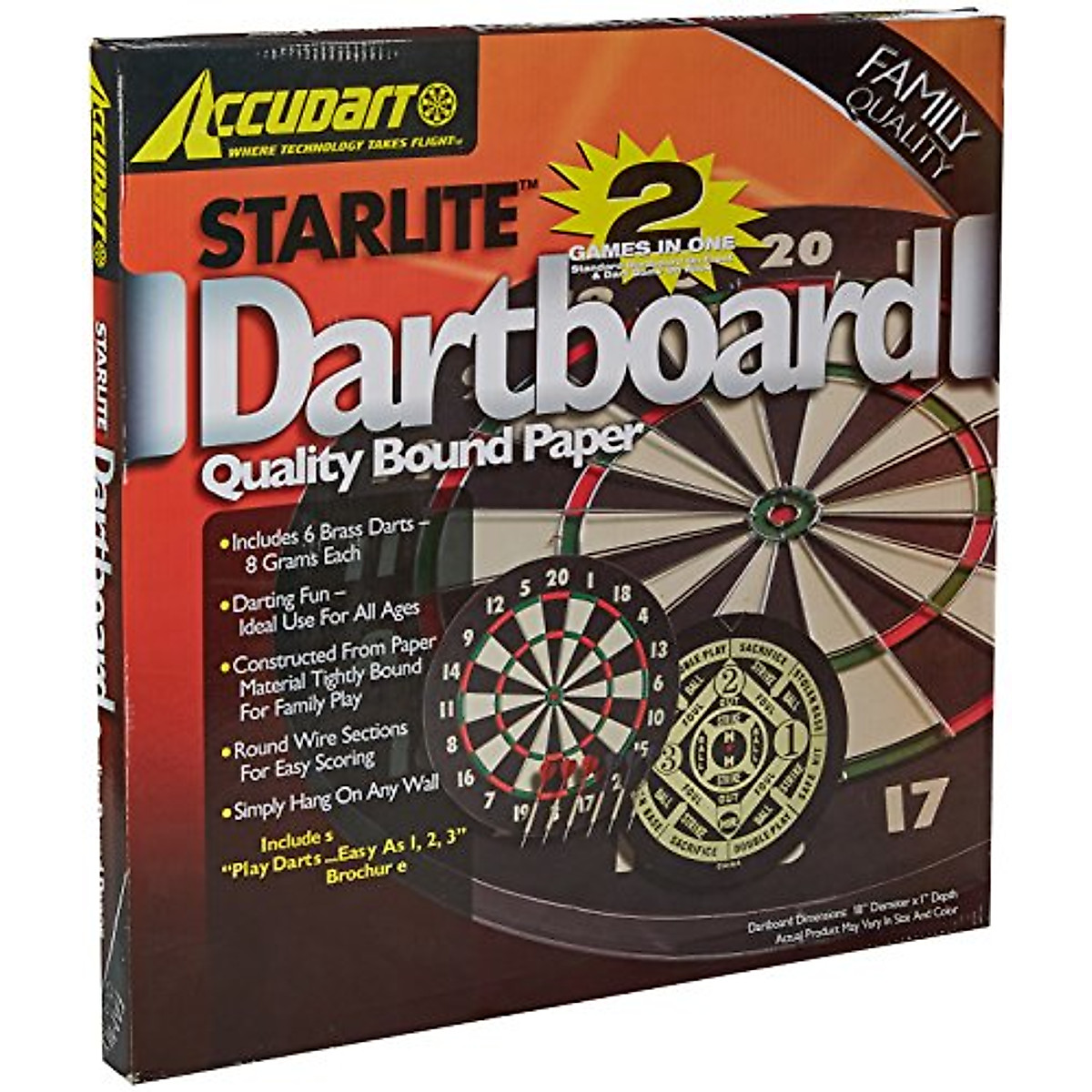 Accudart 2-in-1 Starlite Quality-Bound Paper Dartboard Game Set with Six Included Brass Darts , Black