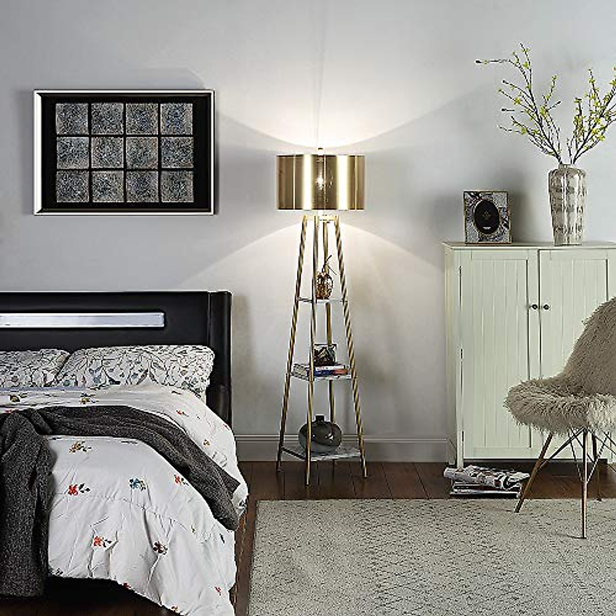 ROSEN GARDEN Floor Lamp, Standing Reading Light with Shelves and Gold Shade, Modern Tall Pole Lamp, Accent Furniture Décor Lighting for Living Room, Bedrooms