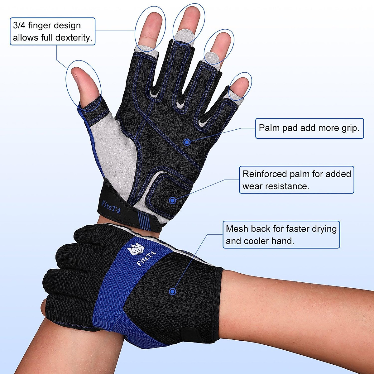 FitsT4 Sports Kayaking Gloves 3/4 or Full Finger Padded Palm Fingerless Gloves for Men Women Youth Perfect for Sailing Paddling Canoeing Boating Workout Rowing SUP and Other Water Sports