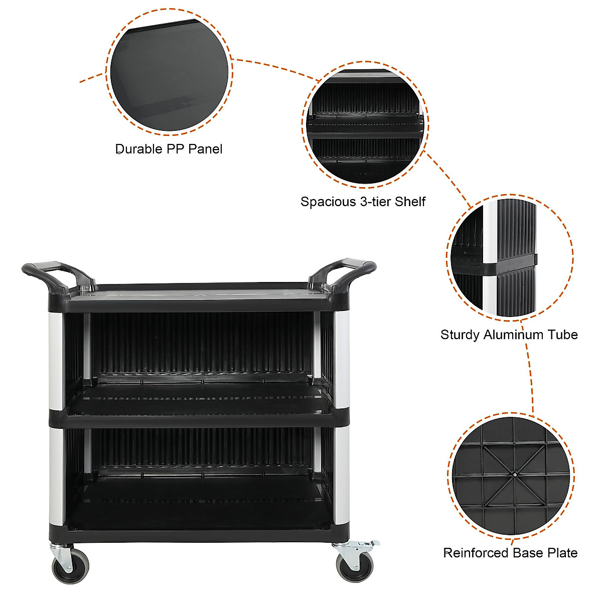 Rolling Utility Cart with Storage Cabinet and Lockable Wheels - Heavy Duty 3-Tier Service Carts for Kitchen, Office, Garage, and Restaurant – Black