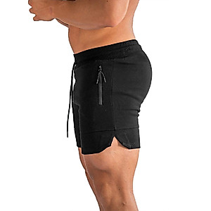 PIDOGYM Men's 5" Gym Workout Shorts,Fitted Jogging Short Pants for Bodybuilding Running Training with Zipper Pockets Black