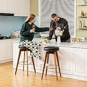 Glitzhome Swivel Bar Stools Set of 4, Round Backless Leather Padded Seat and Veneer Walnut Composite Wood Legs Finish Modern Accent Chair for Home Kitchen Island, Balck