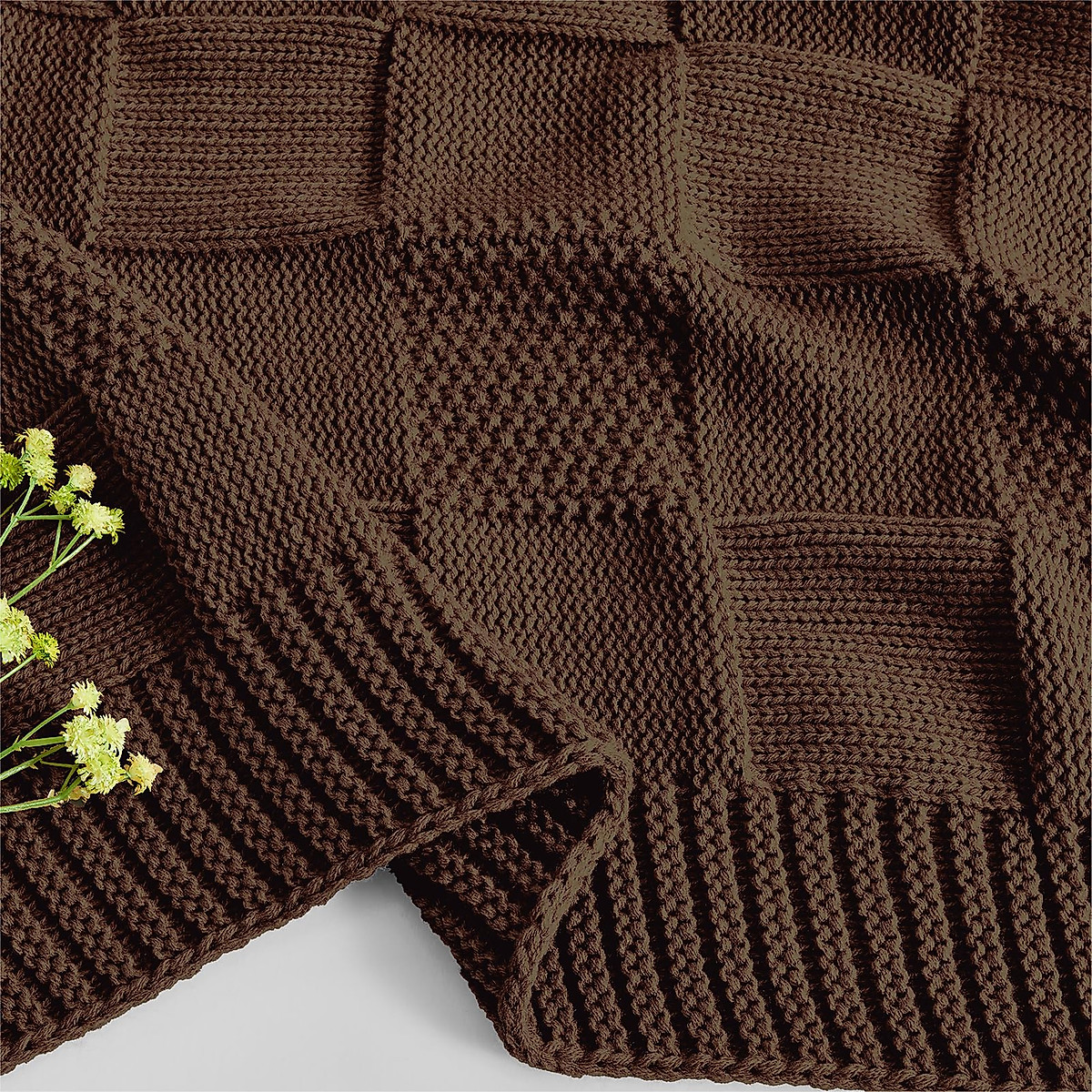 CozeCube Knit Throw Blanket, Brown Checkered Throw Blanket for Couch, Soft Cozy Warm Knitted Throw Blanket for Couch Bed Sofa Living Room, Decorative Spring Fall Throw Blanket 50"X60", Dark Brown