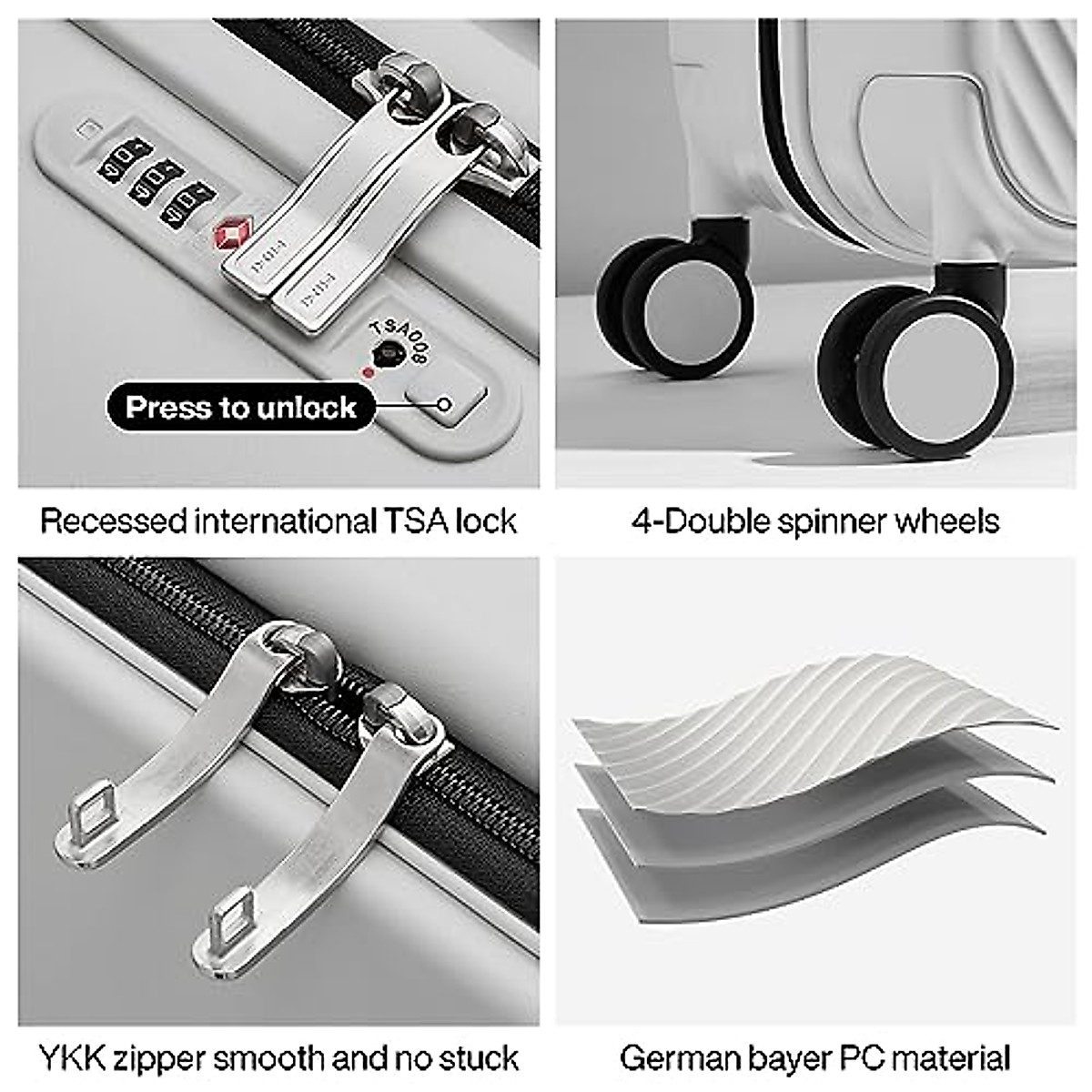 Mixi Carry On Luggage Airline Approved 20'' Lightweight Luggage Wide Handle PC Hardshell Suitcases with Spinner Wheels & TSA Lock, Smoke White