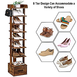usikey 8 Tiers Vertical Shoe Rack, Wooden Narrow Shoe Tower with Bottom Drawer, Tall Shoe Rack Organizer, Space Saving Shoe Storage Shelf Stand for Small Space, Entryway, Rustic Brown