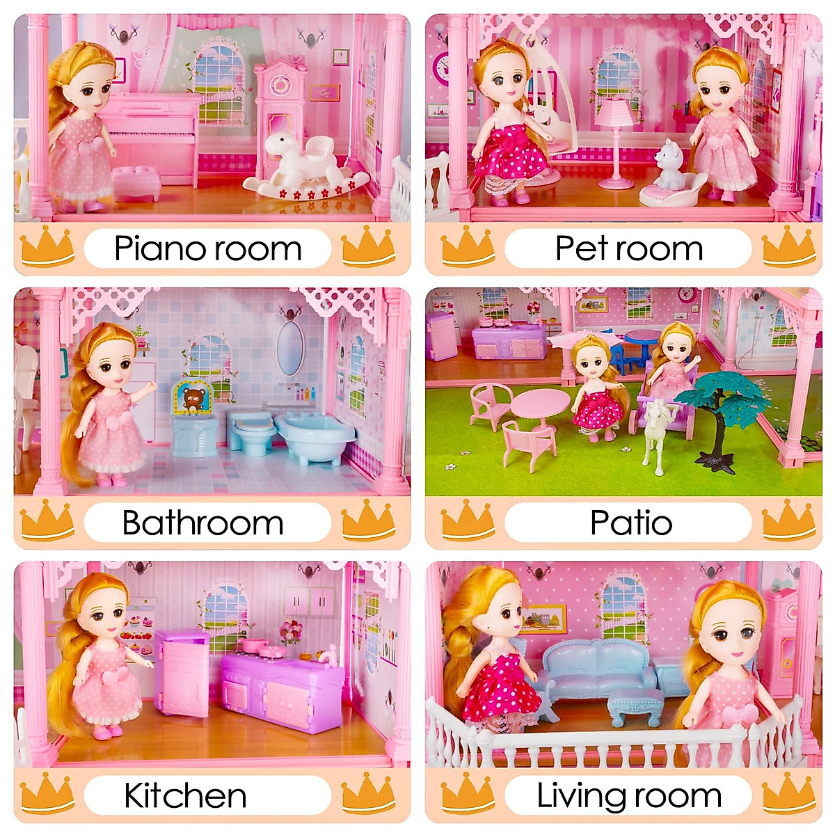 UNIH Doll House Girls Toys,4-Story 11 Rooms Playhouse with 2 Dolls Toy Figures with Light,Accessories, Furniture Pretend Play Toys for 3 4 5 6 7 Year Old Girls