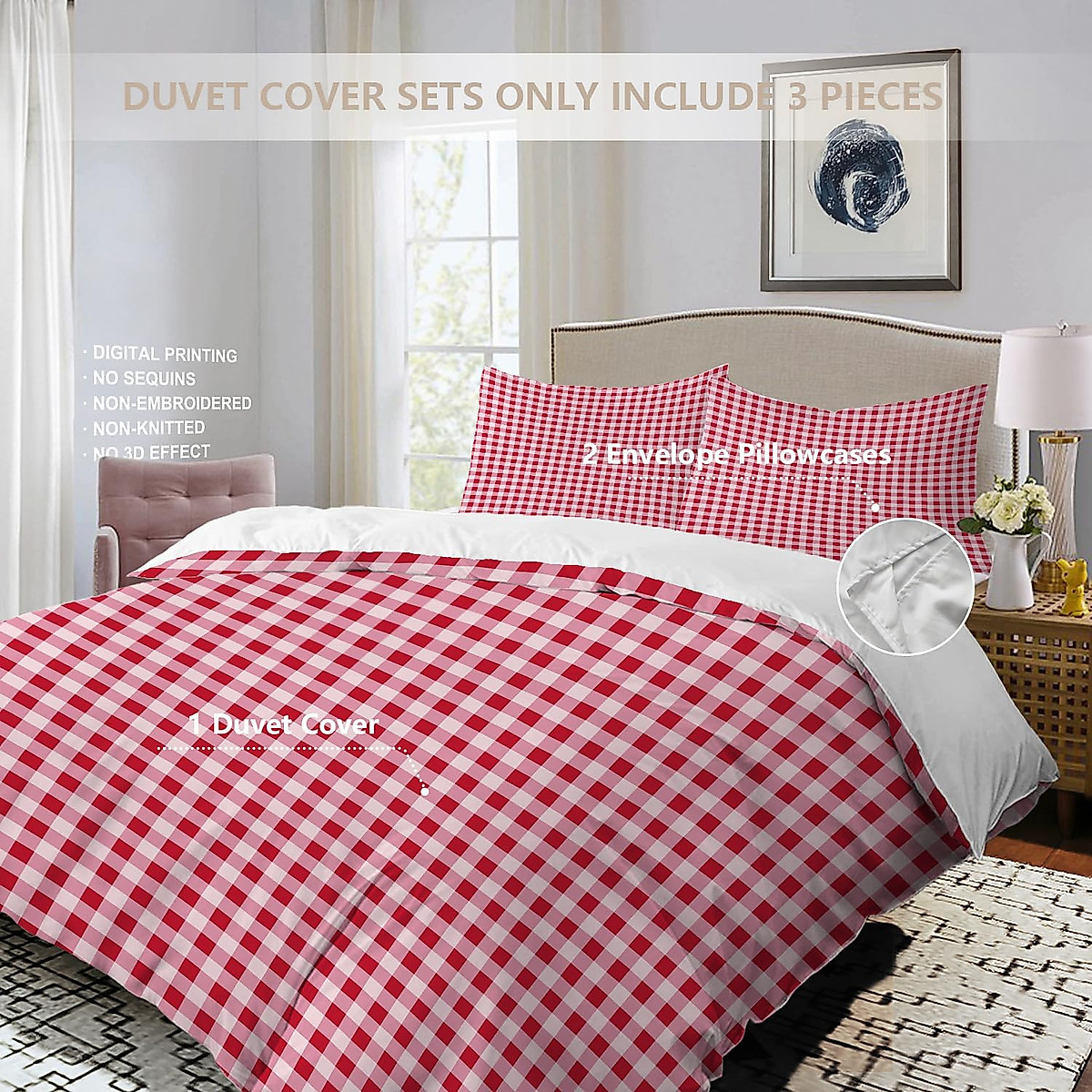 BaoNews Red White Gingham Duvet Cover Set Twin Size,3 Pieces Square Red Tablecloth Plaid Blanket Bedding Set Hotel Quality 100% Cotton Comforter Cover Set with 2 Pillowcases(No Filler)
