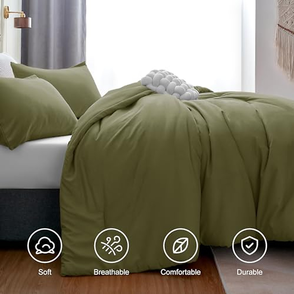 CozyLux Olive Green Comforter Set King Size, 3 Pieces Solid Breathable Quilted Style Bedding Sets, Luxury Fluffy Soft Microfiber Comforter for All Season(1 Comforter & 2 Pillowcases)