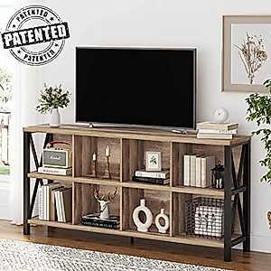 FATORRI 8 Cube Storage Organizer Bookshelf, Rustic Wood Cubby Bookcase, Industrial Horizontal Long Shelf for Living Room (Rustic Oak, 62 Inch)