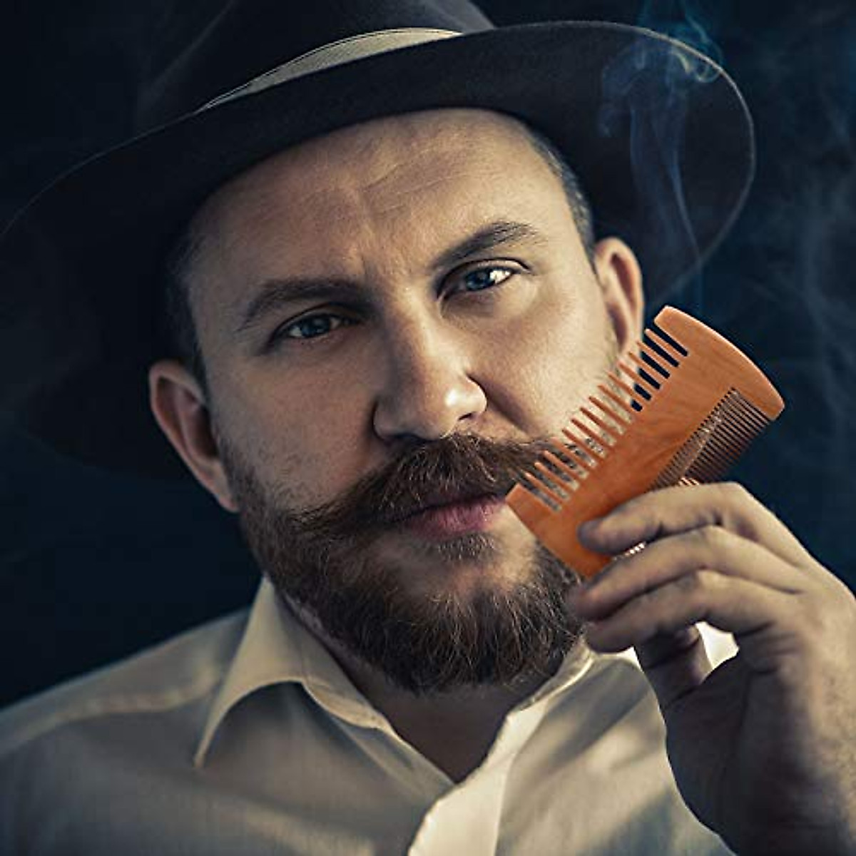 6 Pieces Beard Comb Natural Sandalwood Wooden Moustaches Combs Dual Action Teeth Beard Comb with 6 Pieces Pocket Faux Leather Case for Beards Moustaches (Yellow)