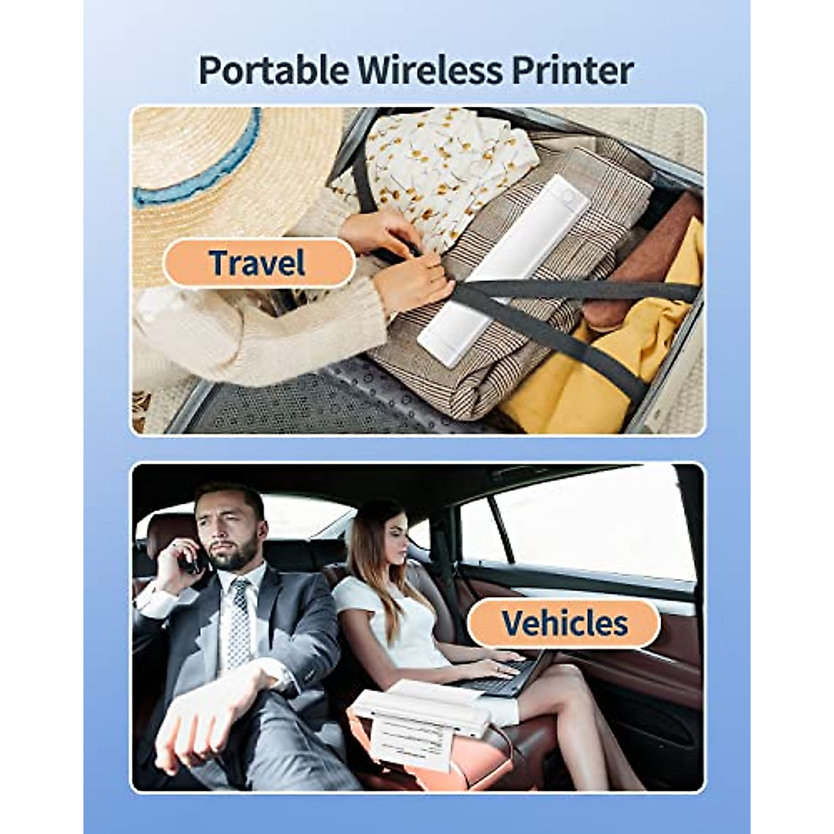 Odaro White M08F Letter Portable Printer for Travel with 200 Sheets Continual Thermal Paper 8.5" X 11" Letter Size