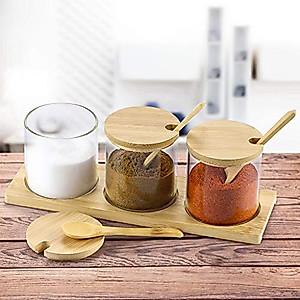 MDLUU Condiment Jars with Bamboo Lids and Spoons, Seasoning Box Set with Bamboo Tray, Spice Containers for Sugar, Salt, Pepper, 300ml/10oz, Pack of 3