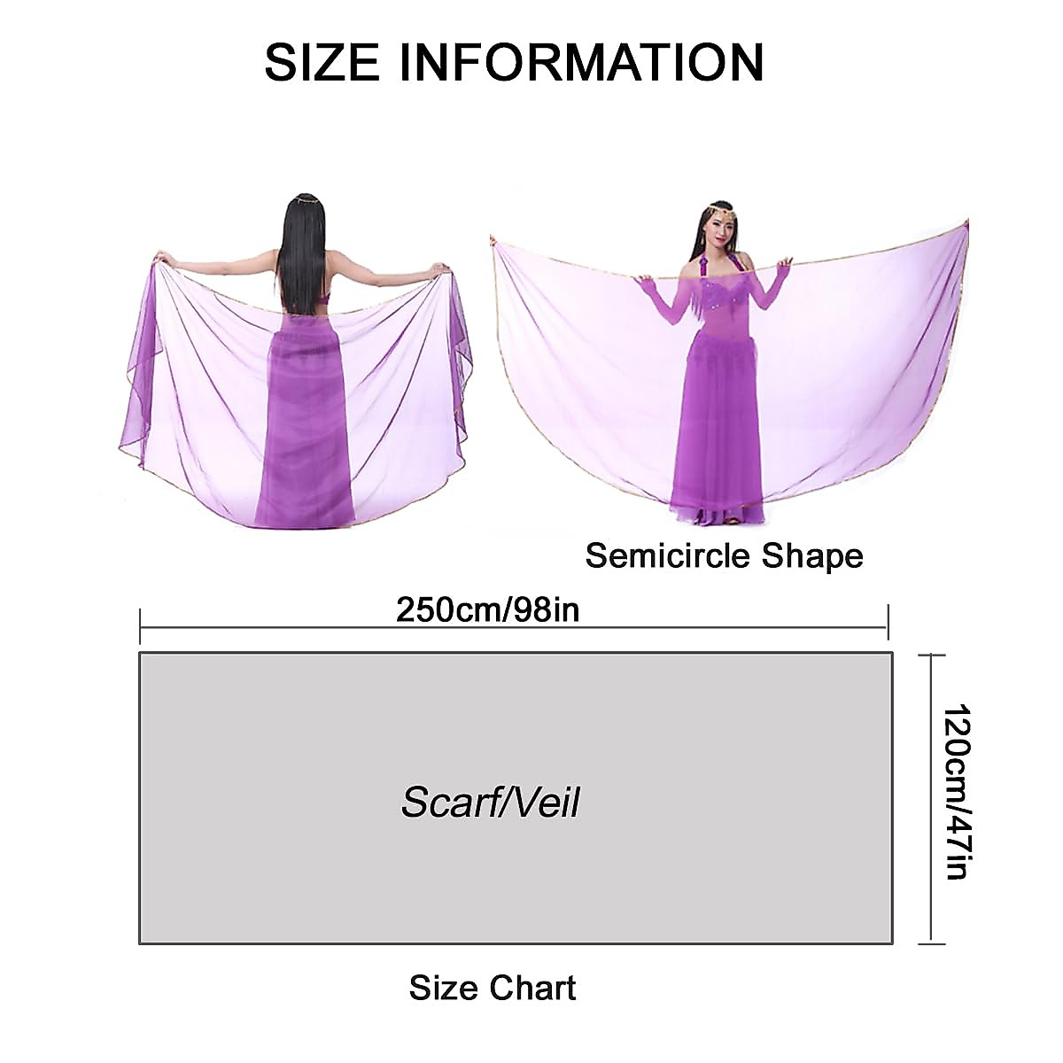 SHOWYOU 98.43" x 47.24" Lightweight Semicircle Chiffon Veil Belly Dance Scarf Blue Veil Scarf Shawls Trimed Gold Sequence (BLUE)