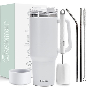 40 oz Tumbler With Handle and Straw Lid, Stainless Steel Insulated Tumblers Travel Mug, for Hot and Cold Beverages Thermos Travel Coffee Mug for Both Men and Women (White)