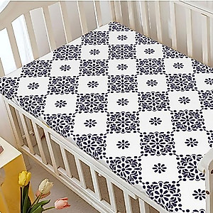 Damask Themed Fitted Crib Sheet,Standard Crib Mattress Fitted Sheet Soft & Stretchy Fitted Crib Sheet - Baby Sheet for Boys Girls,28“ x52“,Purple White