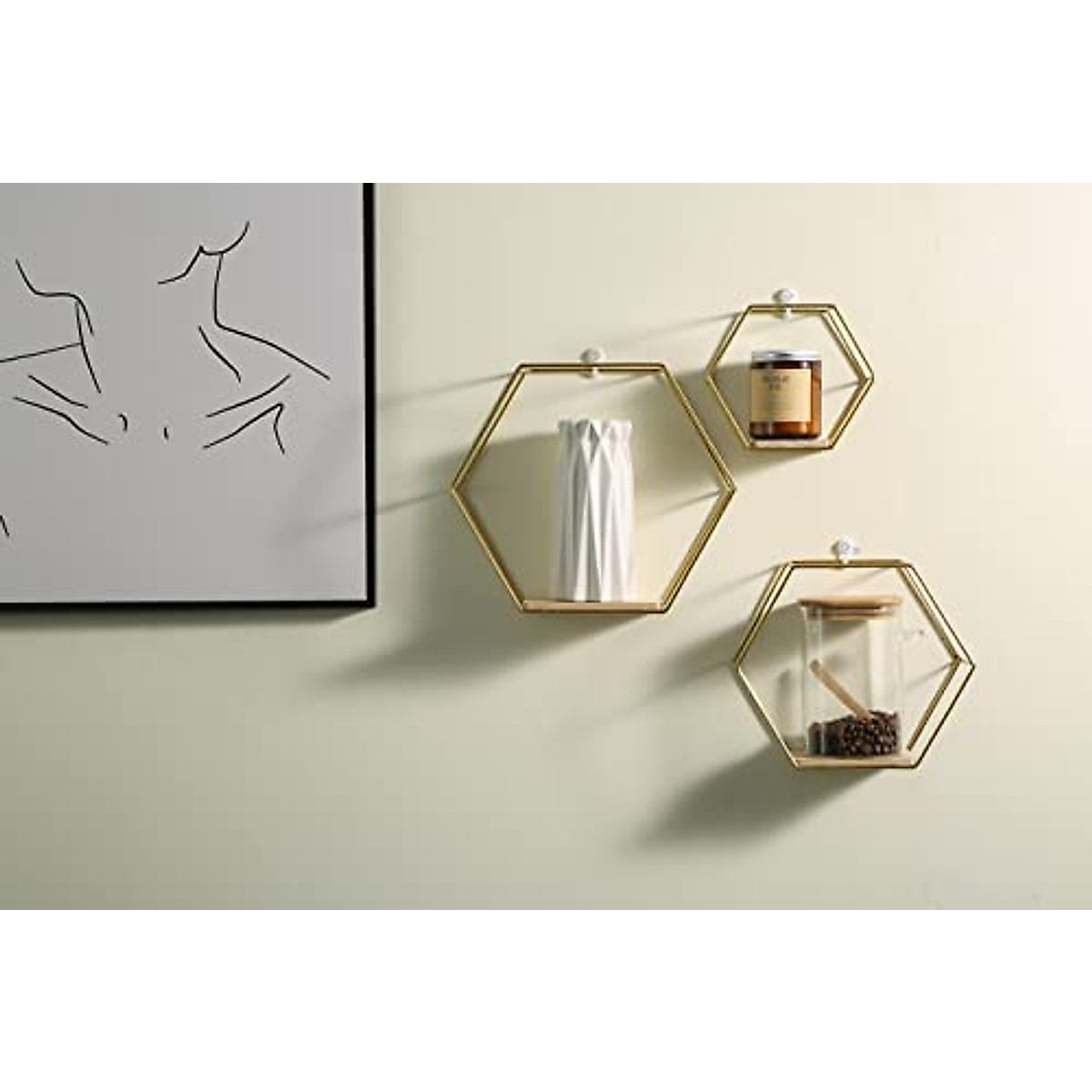 Wall Mounted Floating Hexagon Shelves, Metal Framed Gold Shelves with Wood Based in Modern Chic Style, for Wall Storage & Display in Living Room Or Bedroom, Set of 3 Size (Large, Medium & Small)