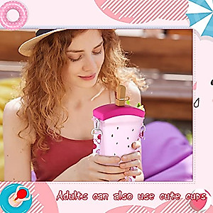 Honeydak 2 Pack Cute Water Bottle Watermelon Kawaii Plastic Water Bottles with Adjustable Shoulder Strap for Kids Girls Adult Sports for Milk Tea Juice Leakproof (Watermelon, Pitaya)