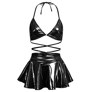 FYMNSI Rave Outfits for Women Music Festival Clothing Metallic Sequins Shiny Halter Bra Mini Skater Skirt Halloween Sexy Lingerie Set Bikini Leather Swimsuits Bathing Suits Clubewar Black - Halter L