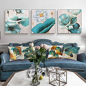 Throw Pillow Cover Farhouse Plant Leaves - 18 x 18 Inch Gold Ginkgo Leaf Pillow Cushion Cover - Set of 2 Square Marble Pillow Cushion Case, Great for Sofa, Bedroom, Chair, Yard, Outdoor Decor