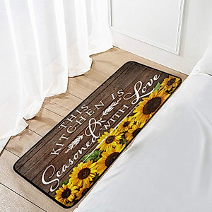 Kitchen Rug Autumn Sunflowers Wooden Seasoned with Love 39 x 20 Inch Non-Slip Anti Fatigue Comfort Entryway Door Mats Perfect Carpet for Home Decor
