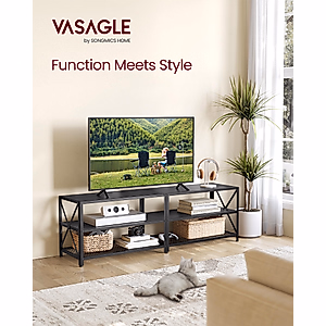 VASAGLE TV Stand, TV Console for TVs Up to 70 Inches, TV Table, 63 Inches Width, TV Cabinet with Storage Shelves, Steel Frame, for Living Room, Bedroom, Black with Wood Grain ULTV095B22